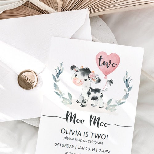 Moo Moo I'm Two Boys Birthday Invitation Blue Heart - Etsy