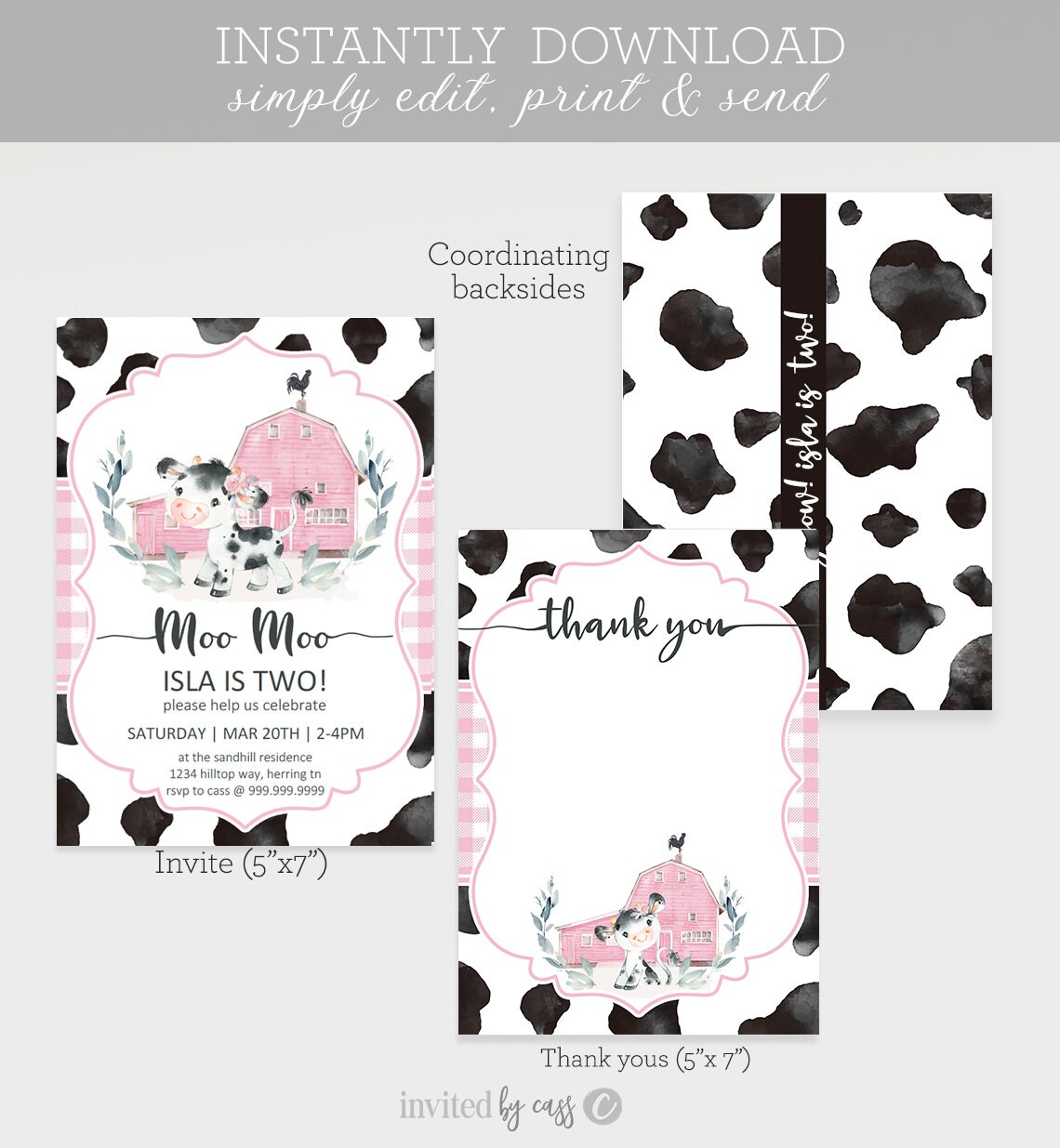 Moo Moo I'm Two Girls Birthday Invitation Pink Gingham - Etsy