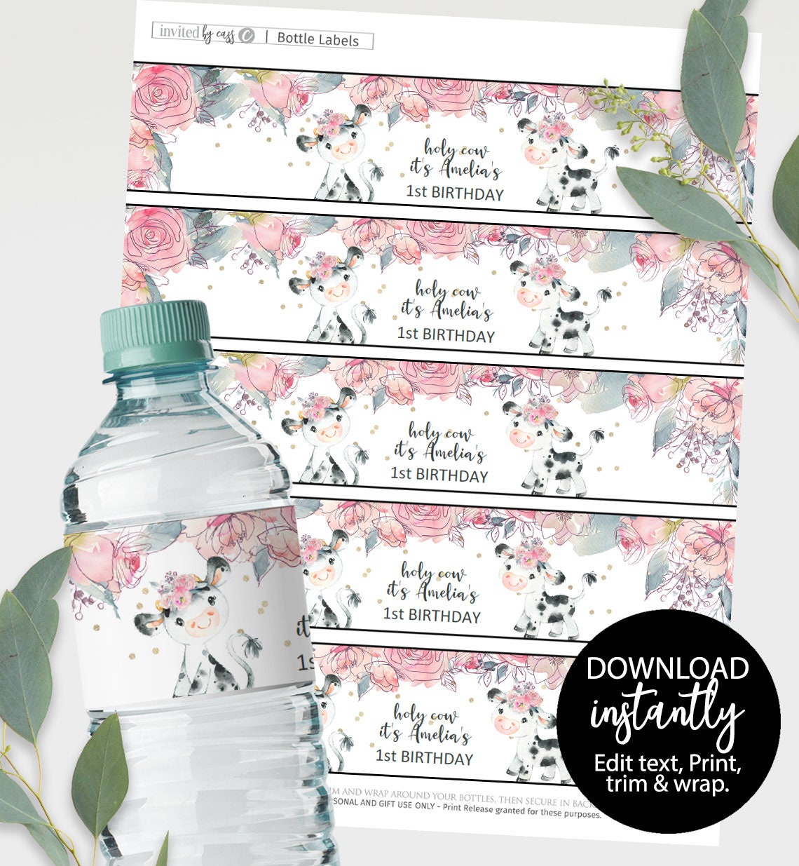 Holy Cow Floral Birthday Water Bottle Labels, Pink Cow Bottle Labels ...