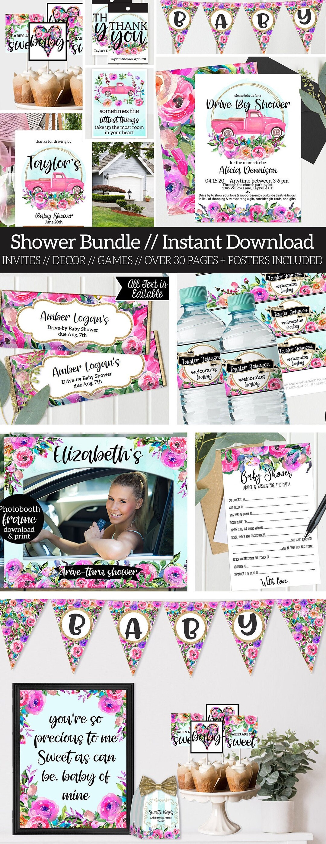 BUNDLE + Invites Quarantine Baby SHOWER - Drive by Shower Parade - Pink ...
