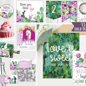 Llama Birthday Invitations, Purple Flowers & Cactus, Llama Birthday ...