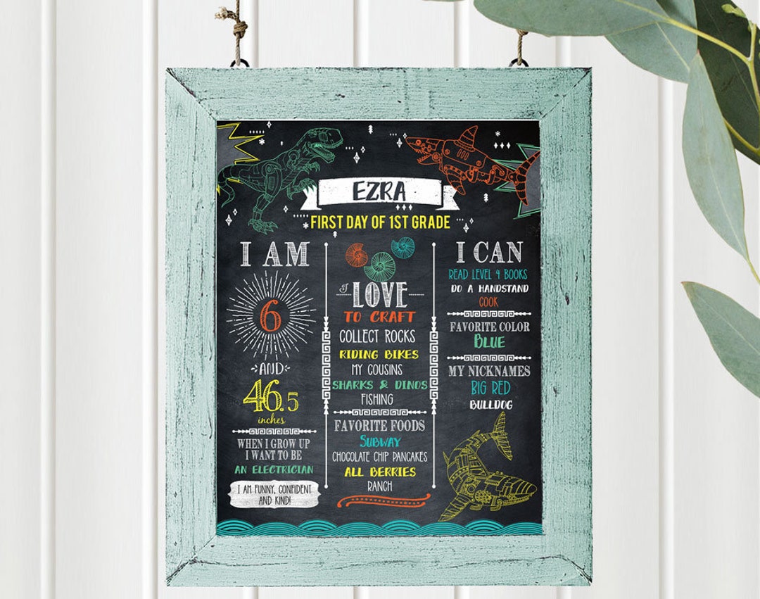 Back to School Boys Chalkboard Sign - Dinosaur Shark Chalkboard, First ...