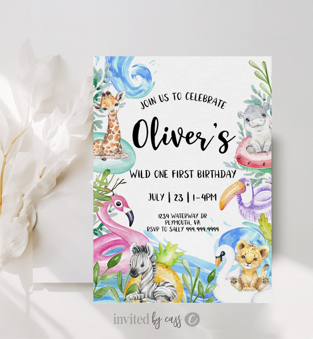 Editable Pool Animals Party Invitation, Wild One Pool Party Invitation ...