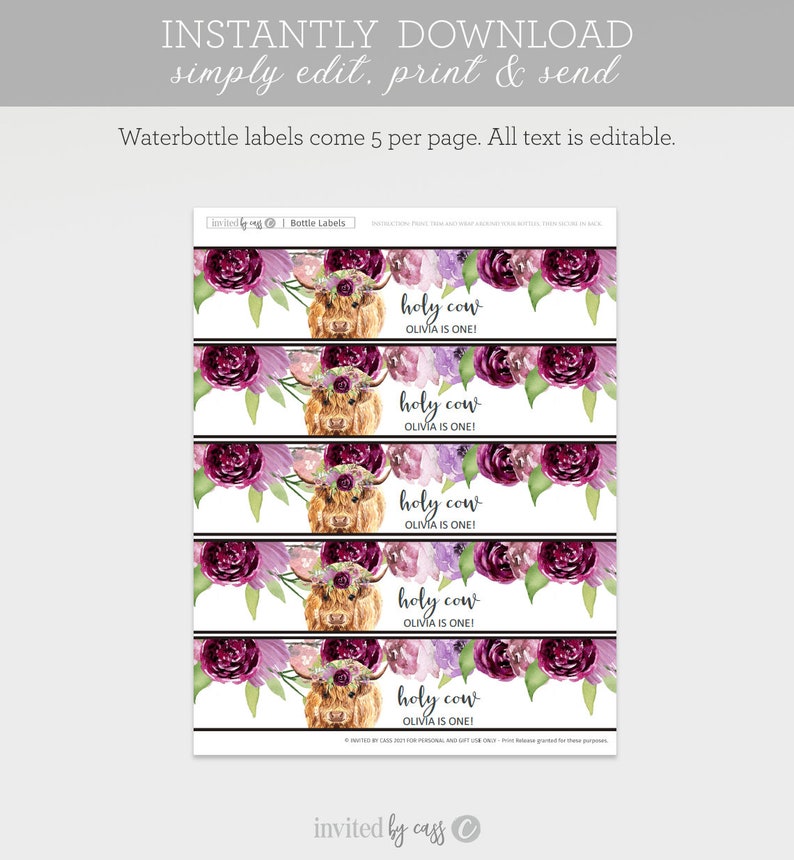 Editable Holy Cow Birthday Water Bottle Labels Purple - Etsy