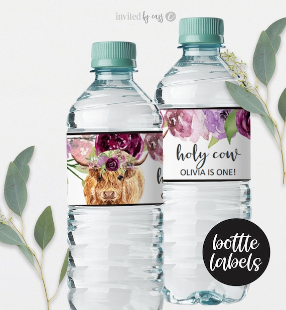 Editable Holy Cow Birthday water bottle labels, Purple Highland Cow ...