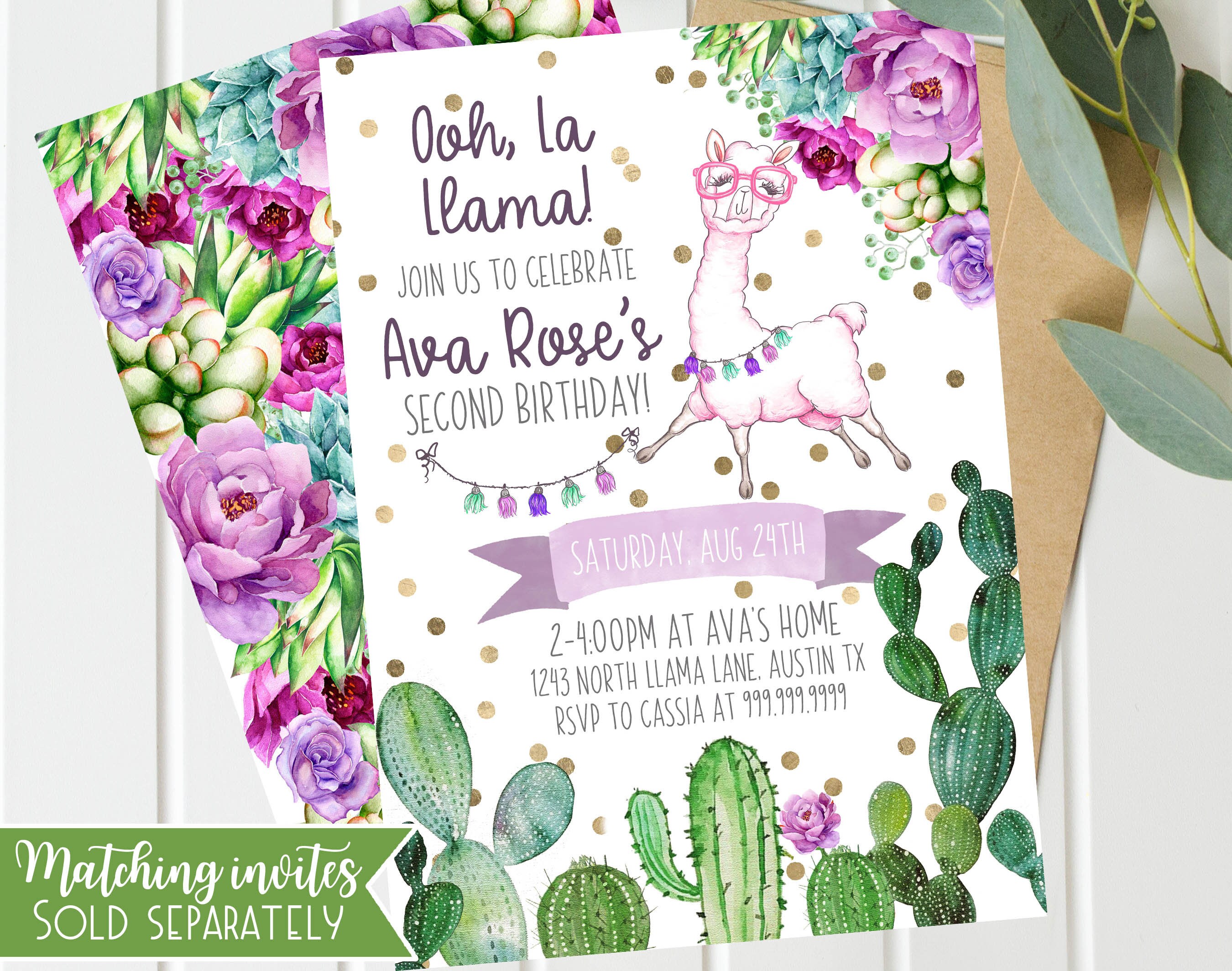 Llama Birthday Party Decorations Cactus & Purple Flowers | Etsy