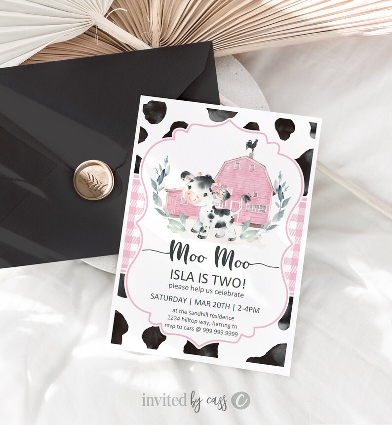Moo Moo I'm Two Girls Birthday Invitation Pink Gingham - Etsy