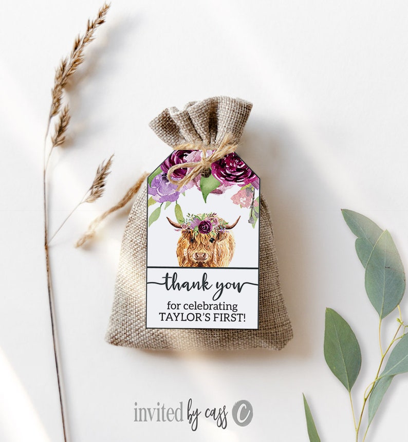 Editable Holy Cow Birthday Favor Tags, Purple Highland Cow Bottle ...