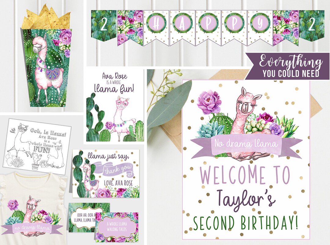 Llama Birthday Party Decorations, Cactus & Purple Flowers, Llama ...
