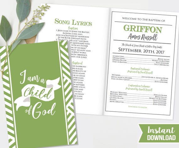 Boys LDS Baptism Program - Green - Editable - Printable Folded Baptism ...
