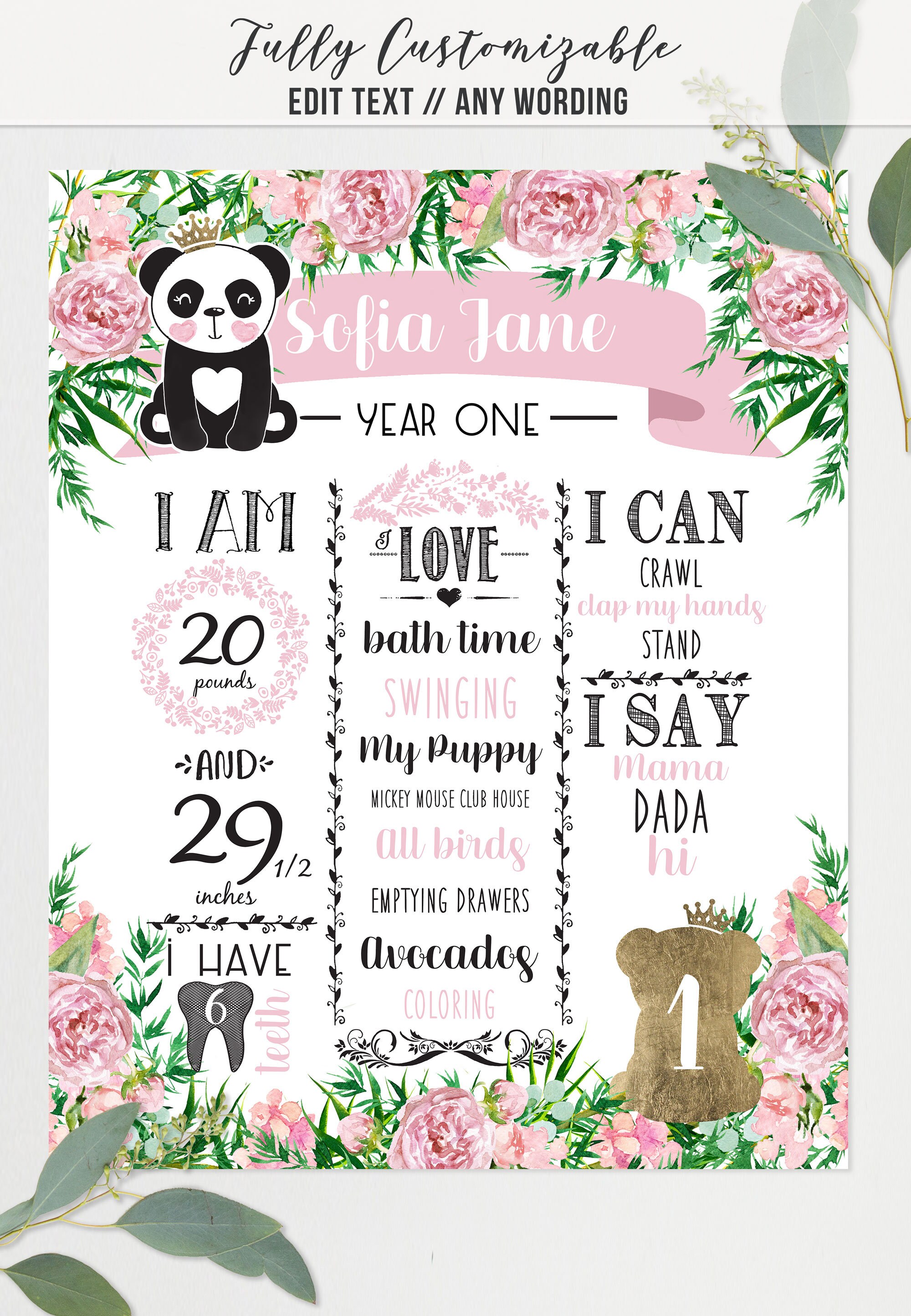 First Birthday Panda Poster First Birthday Sign Milestones - Etsy