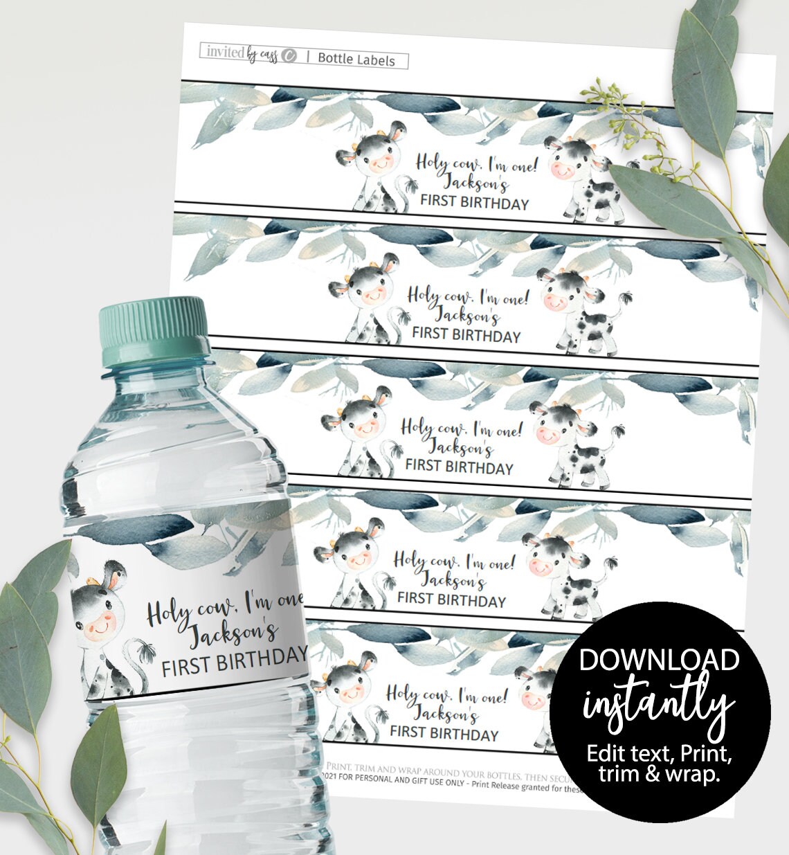 Holy Cow Birthday Water Bottle Labels, Cow Bottle Labels Cow Decor ...