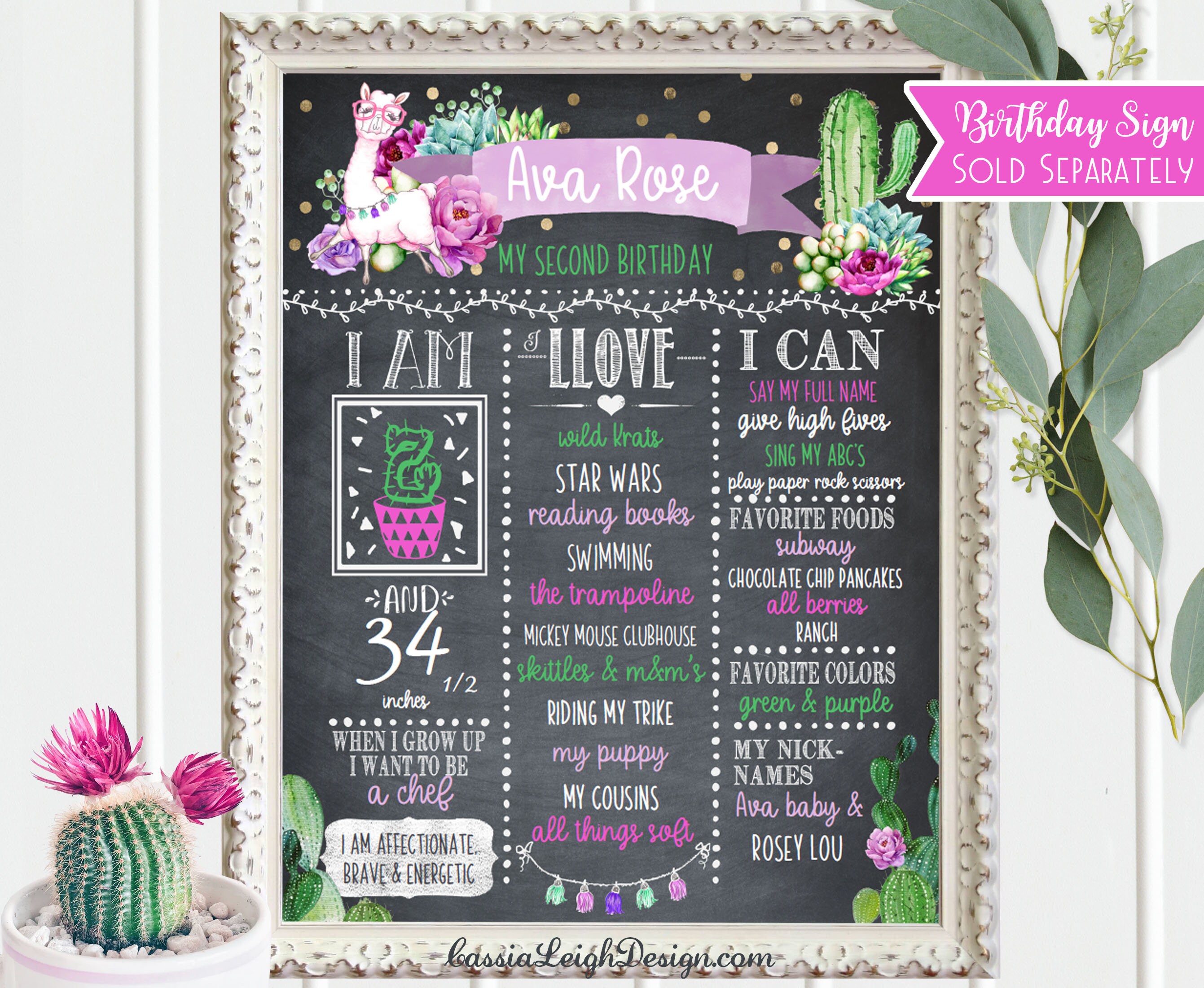 Llama Birthday Party Decorations Cactus & Purple Flowers | Etsy