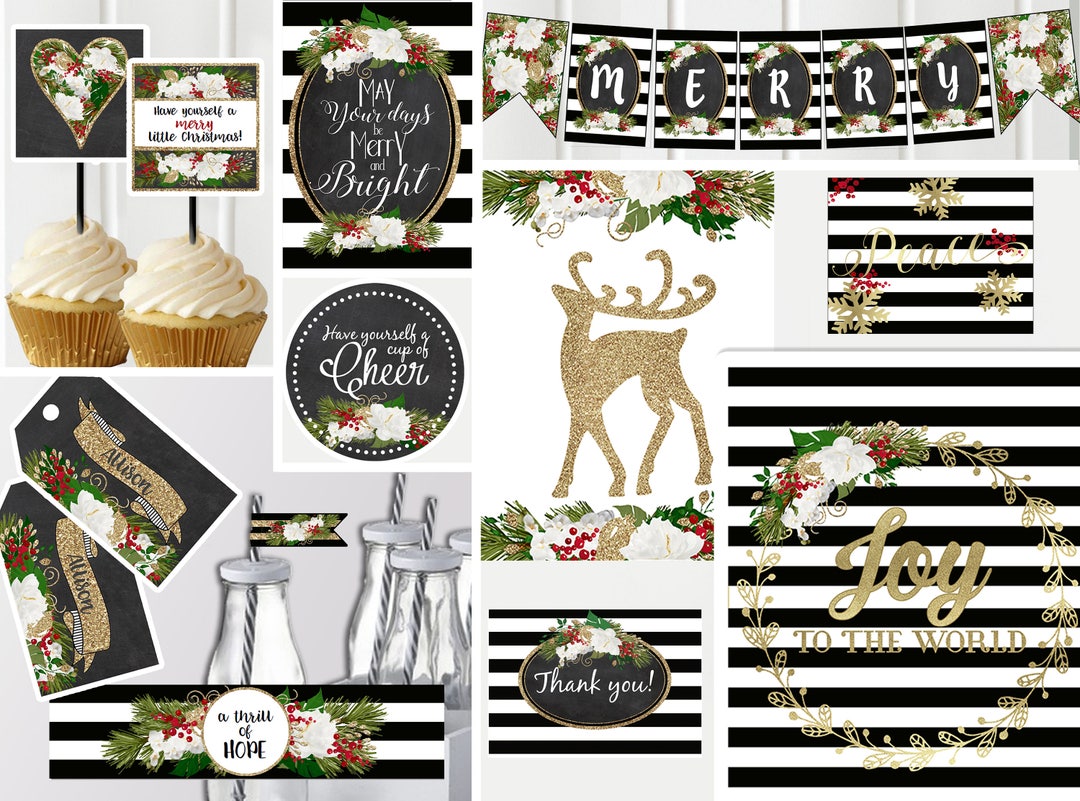Christmas and Holiday Party Printable Decorations, Black White Red and ...