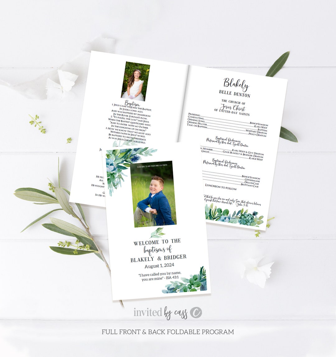 LDS Baptism Program - Single or Joint Baptism Program - Greenery With ...