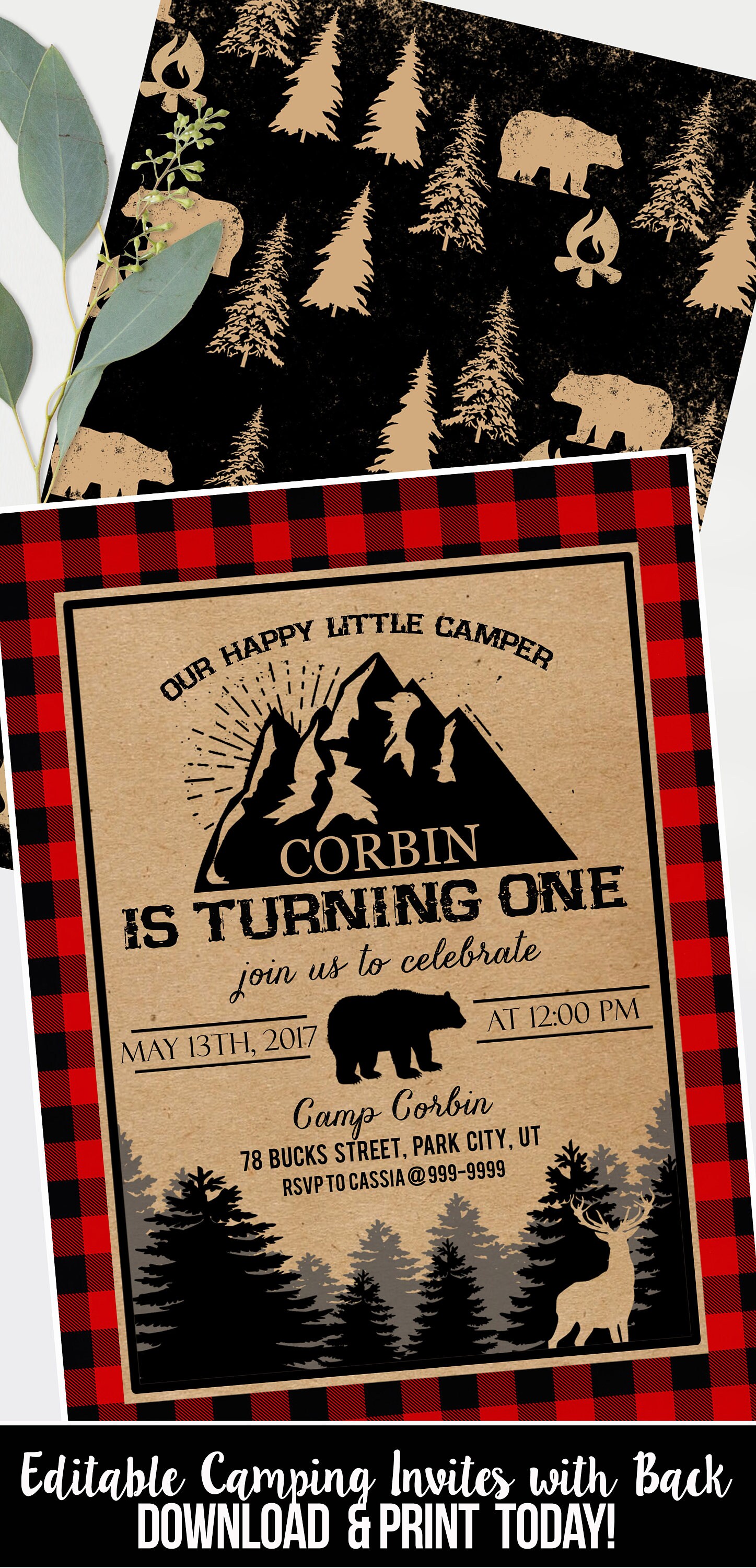 Camping invitations and decor Red Plaid Camping birthday | Etsy