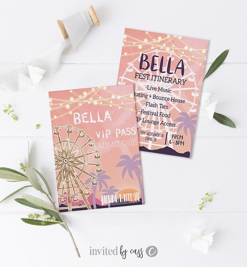 Editable Music Festival VIP Pass: Floral Birthday Invite (digital ...