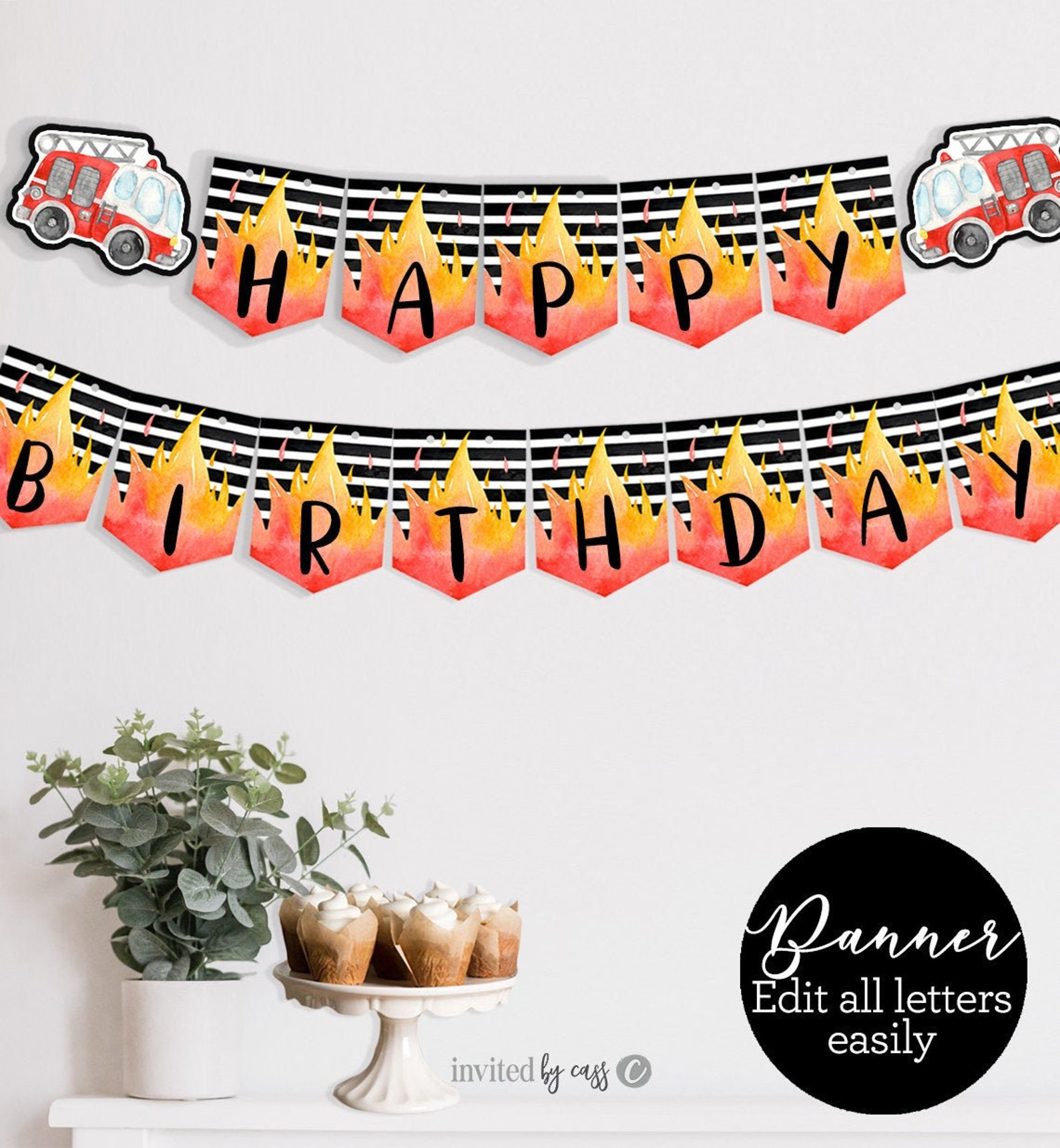 Firefighter Happy Birthday Banner, Fireman Bunting Decor, Fire Flames ...