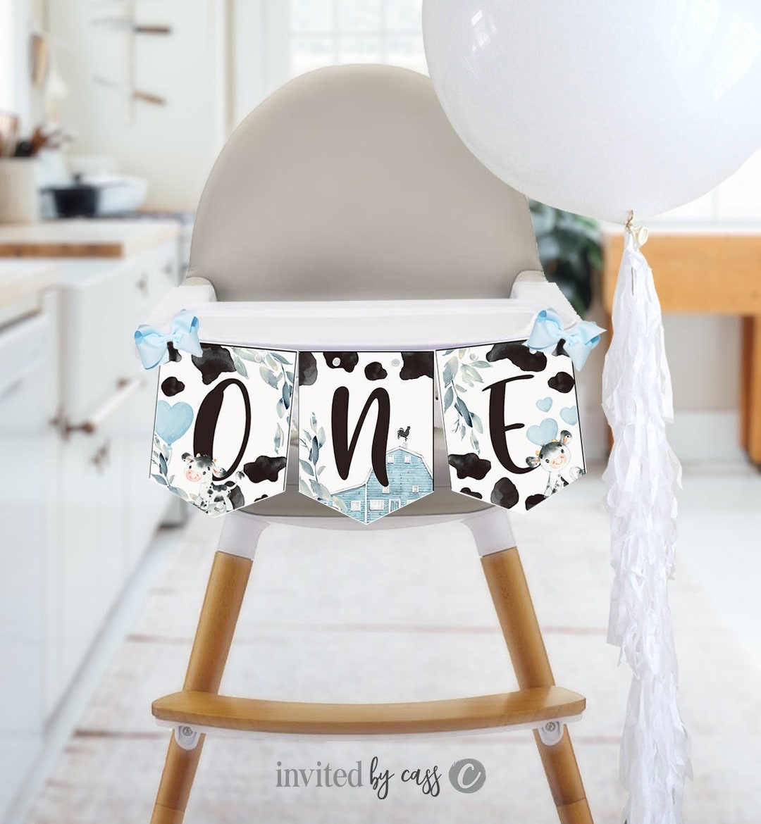 High Chair ONE Birthday Banner, Blue Holy Cow First Birthday, 1st ...