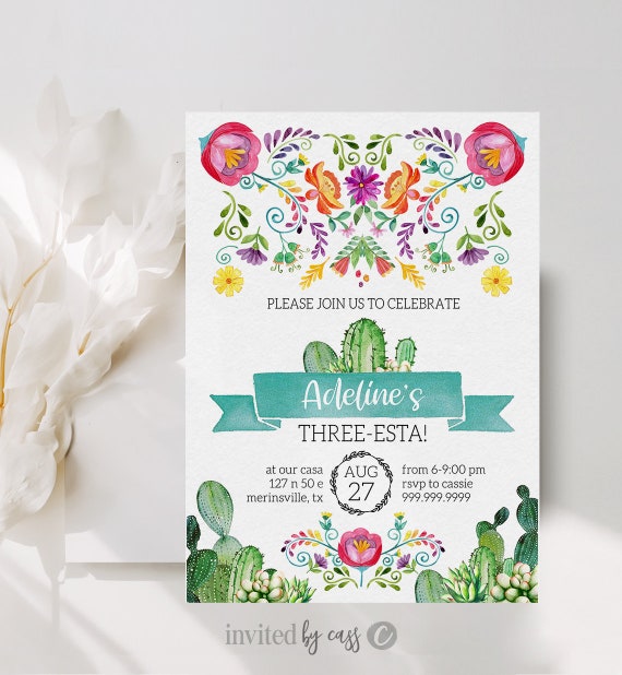Fiesta Invitation Three-esta Birthday Invite EDITABLE Floral | Etsy