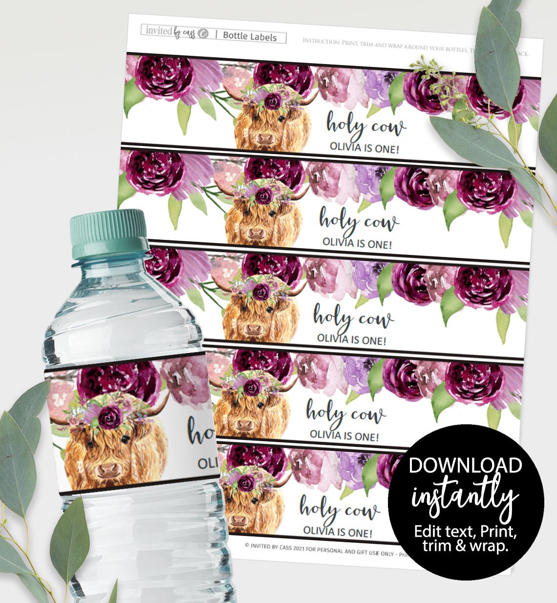 Editable Holy Cow Birthday Water Bottle Labels Purple - Etsy