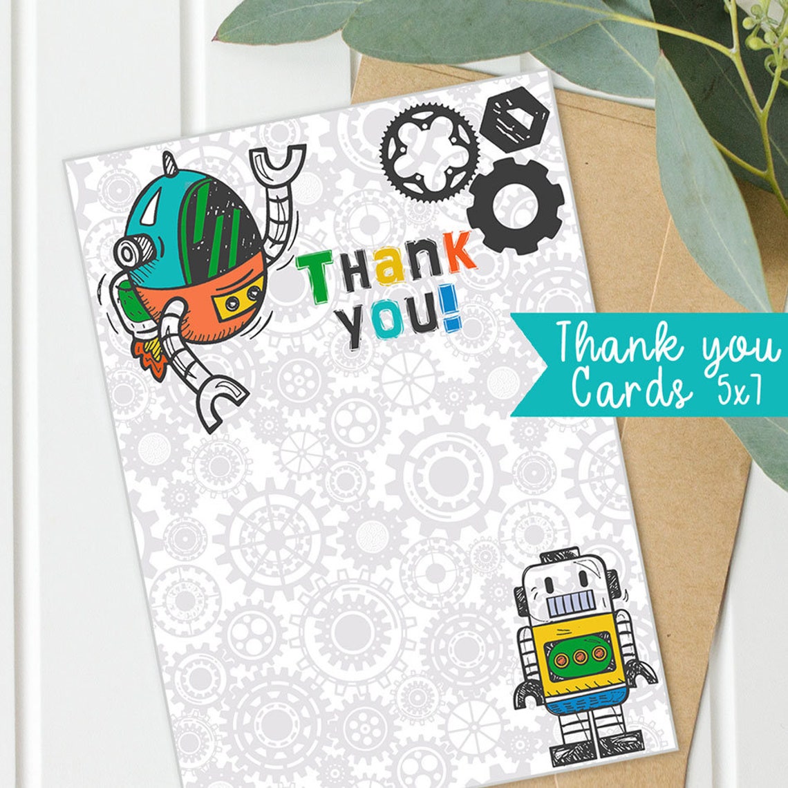 Kid's Thank You Card Notes, Robots and Bolts, Blank Thank You Cards ...