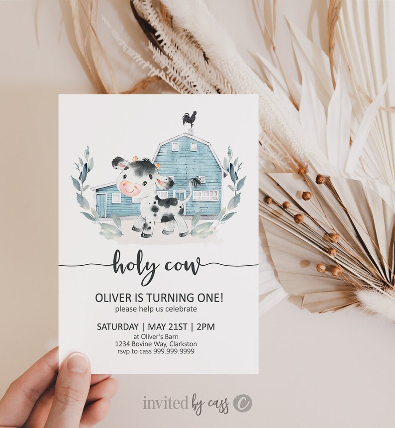 Holy Cow Birthday Invitation: Blue Barn, Editable Template (digital ...