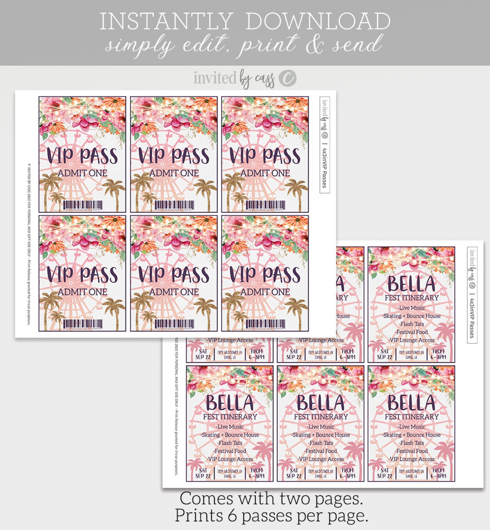 Editable Festival VIP Card Floral Girls Music Festival - Etsy