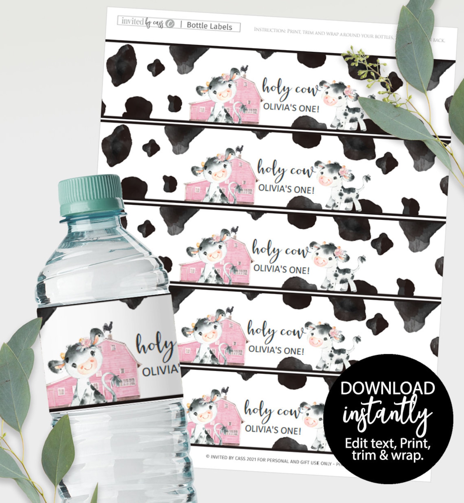 Editable Pink Holy Cow Birthday Water Bottle Labels, Cow Bottle Labels ...