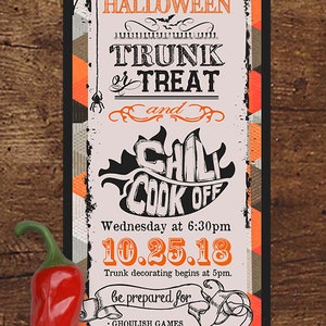 Halloween Chili Cook off Trunk or Treat Invitations, Ticket Style Black ...