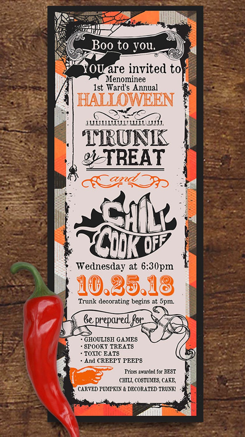 Halloween Chili Cook off Trunk or Treat Invitations, Ticket Style Black ...