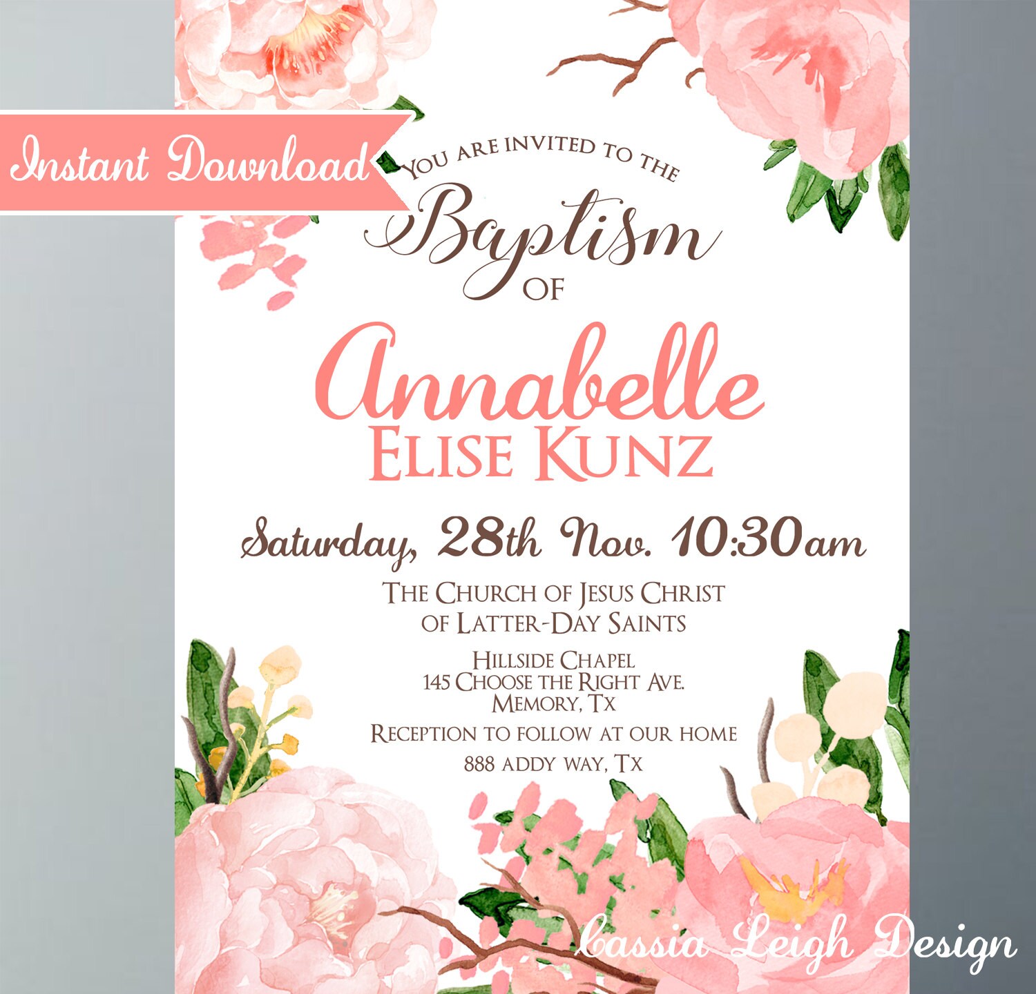 LDS Baptism Printable Invitation Girl Pink Floral Water | Etsy