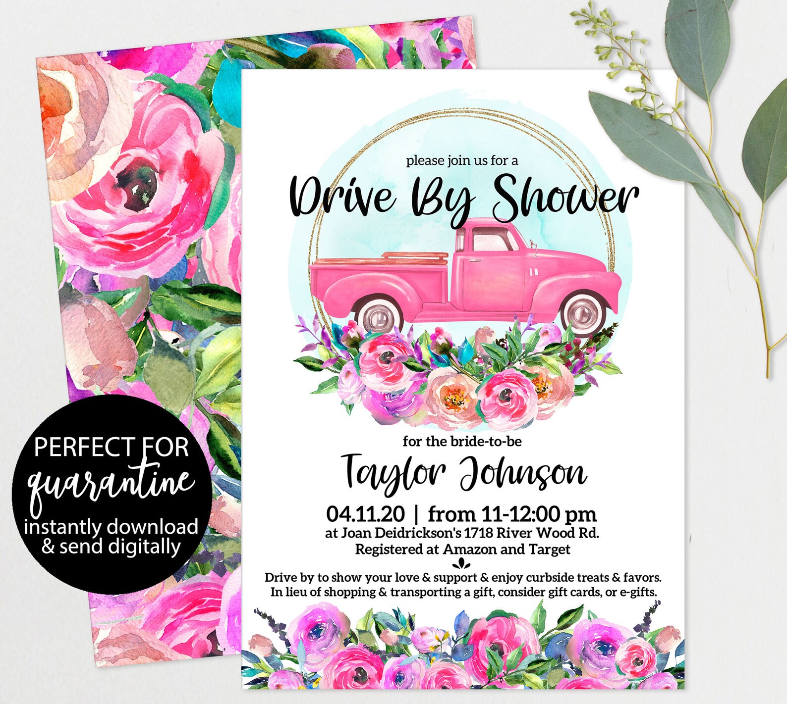 Quarantine SHOWER - Drive by Baby or Bridal Shower Parade - Pink Floral ...
