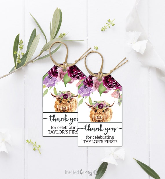 Editable Holy Cow Birthday Favor Tags, Purple Highland Cow Bottle ...
