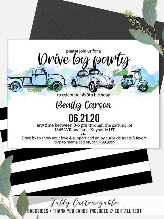 Drive By Party - Quarantine Party - Blue Drive By Birthday Invitations ...