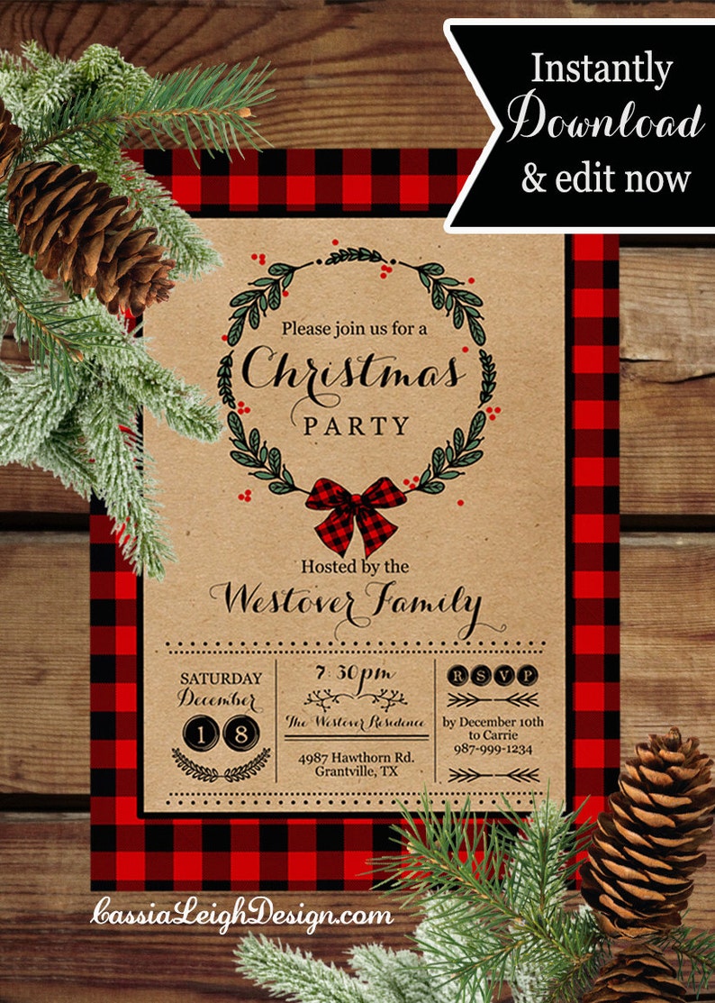 Printable Christmas Party Invitations - Buffalo Plaid and Parchment ...