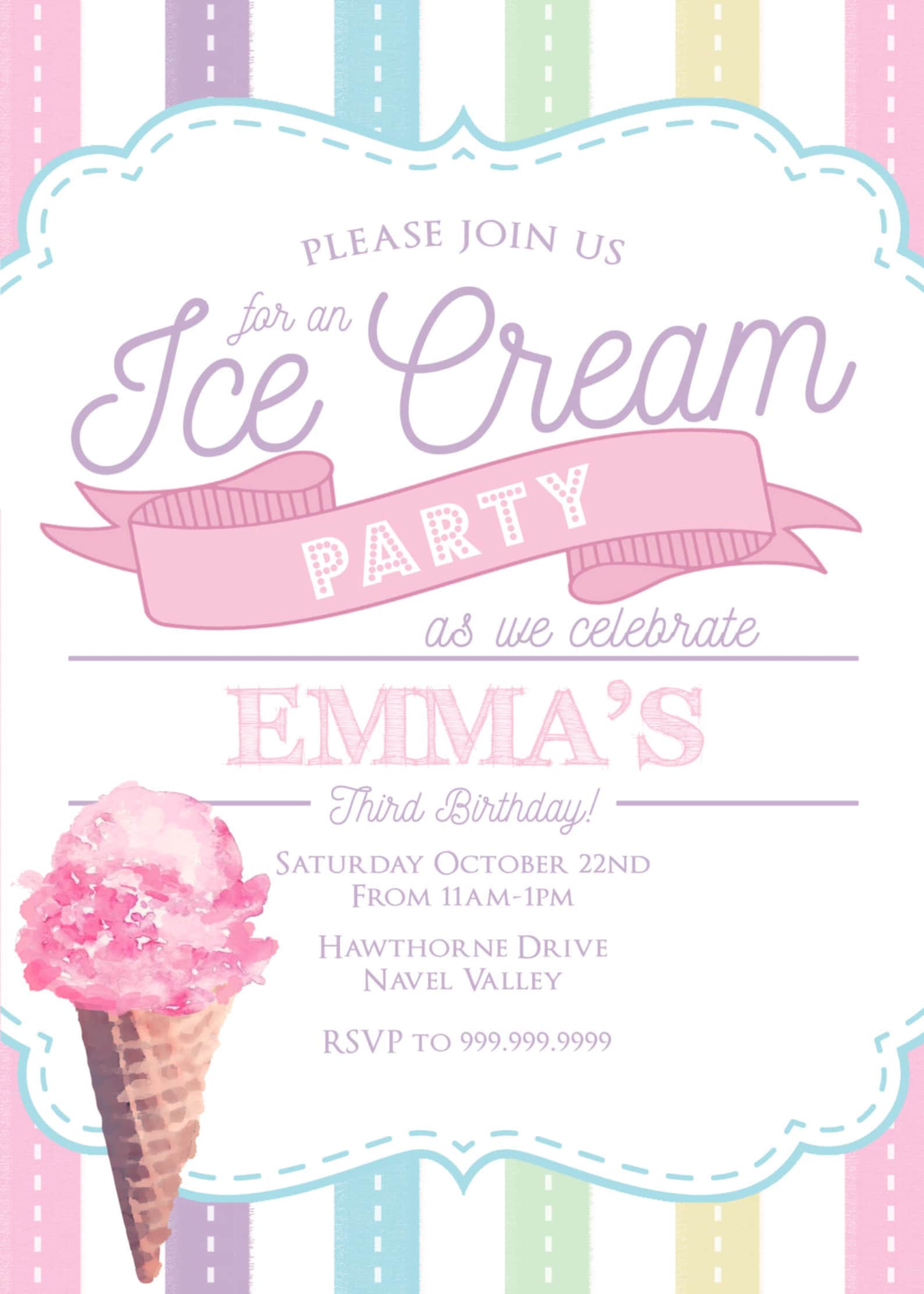 Ice Cream Party Invitations Pink and Pastels Ice Cream - Etsy