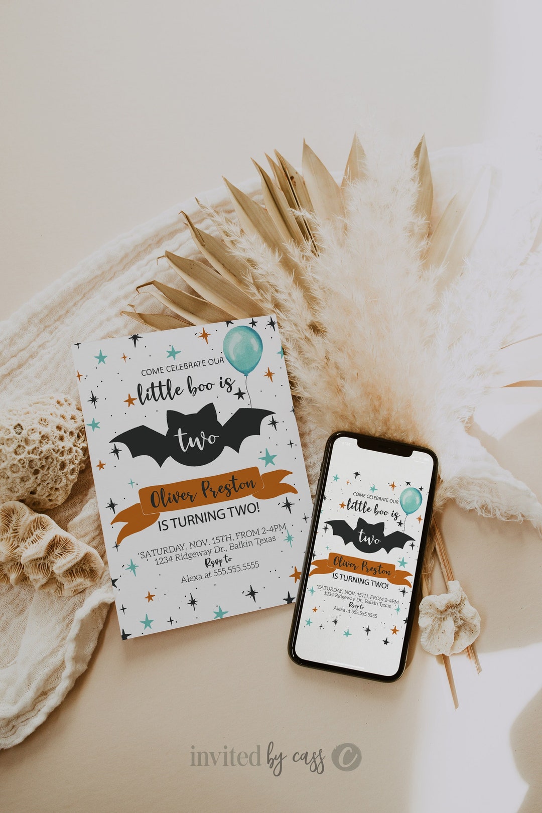 Editable Teal Orange Halloween Birthday Invitation, Our Little Boo ...