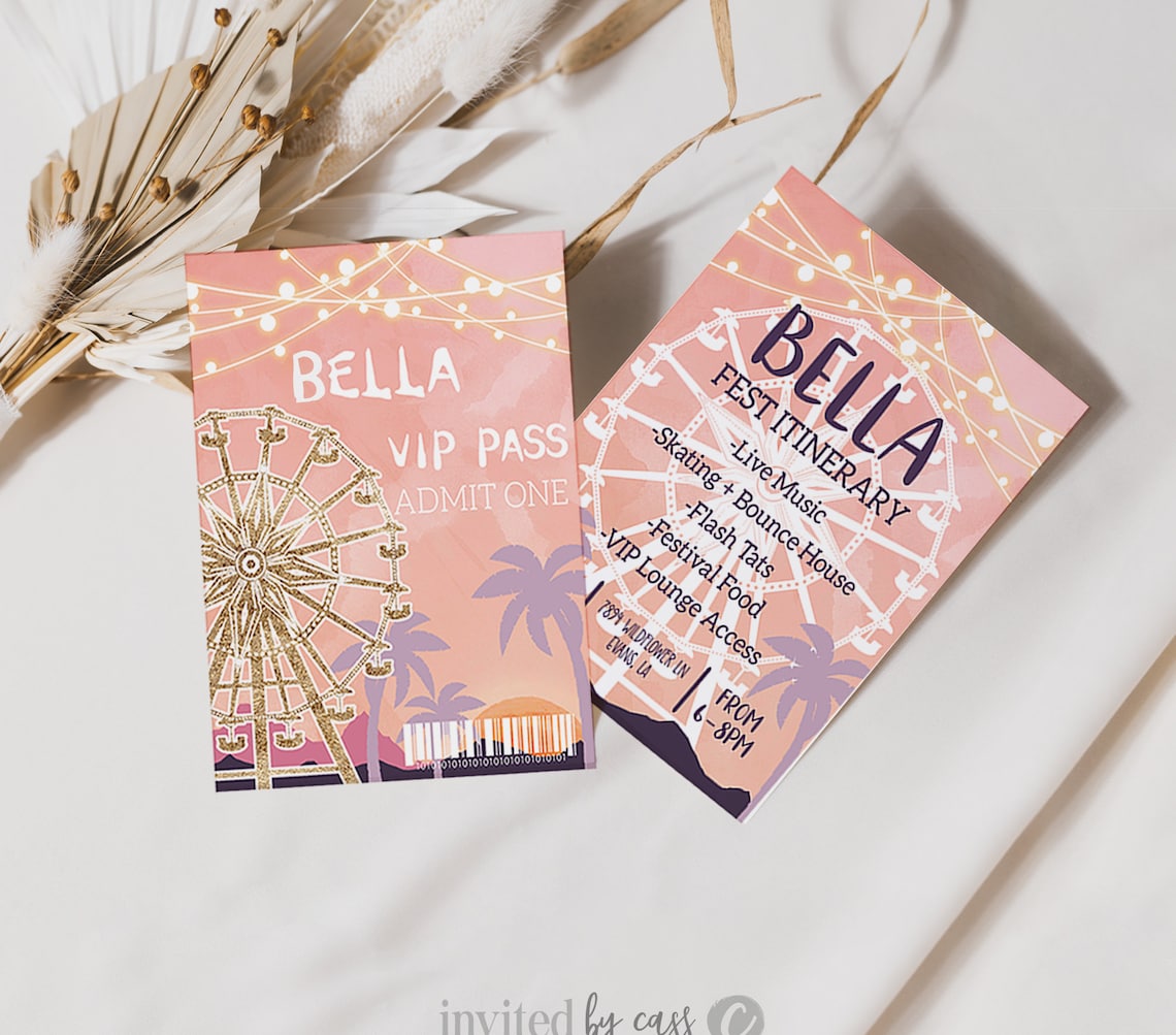 Editable Music Festival VIP Pass: Floral Birthday Invite (digital ...