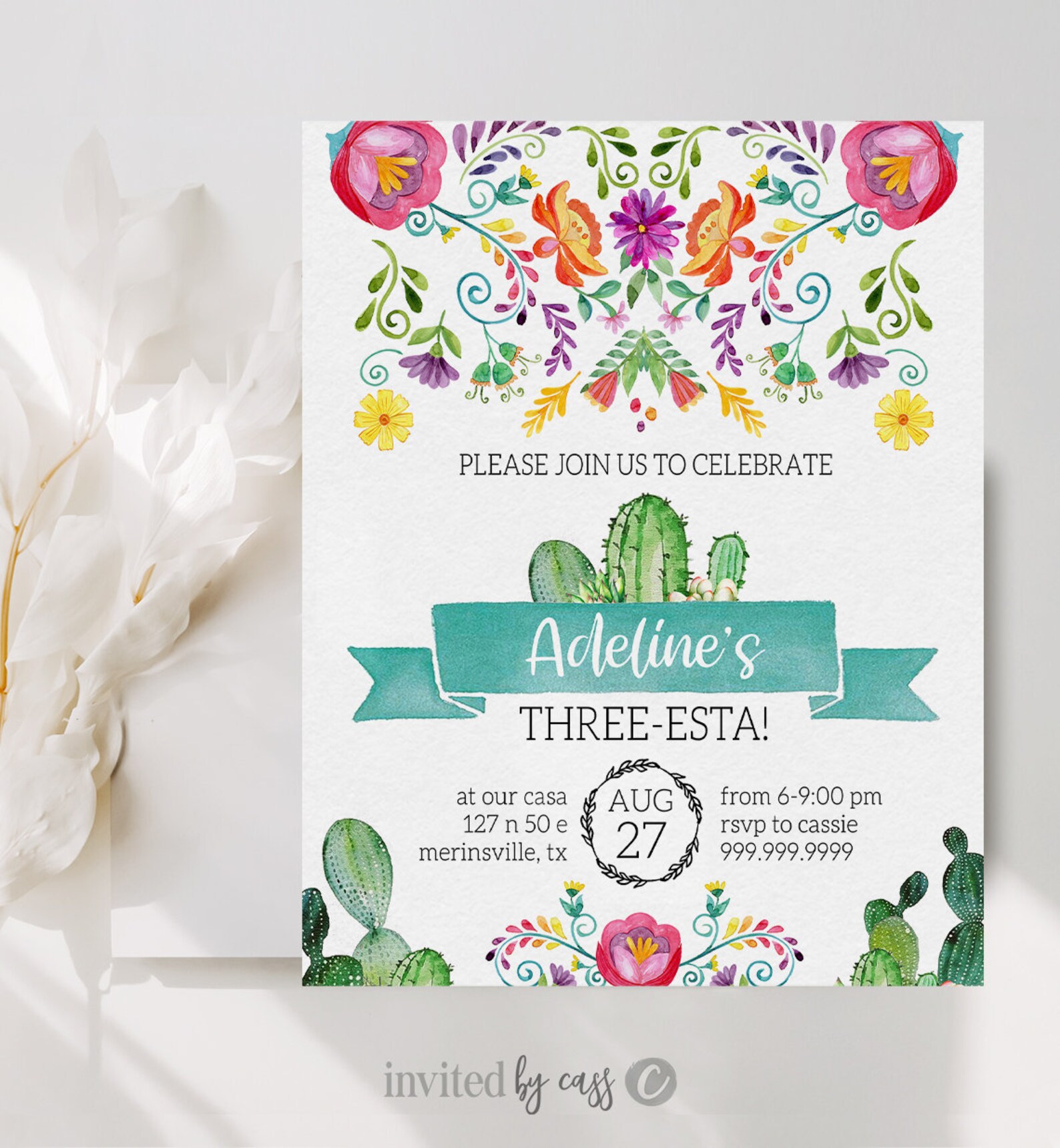 Fiesta Invitation Three-esta Birthday Invite EDITABLE Floral | Etsy