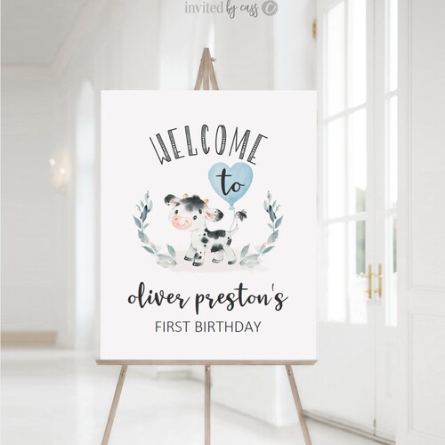 EDITABLE Welcome Sign Holy Cow I'm One Blue Boys Farm - Etsy