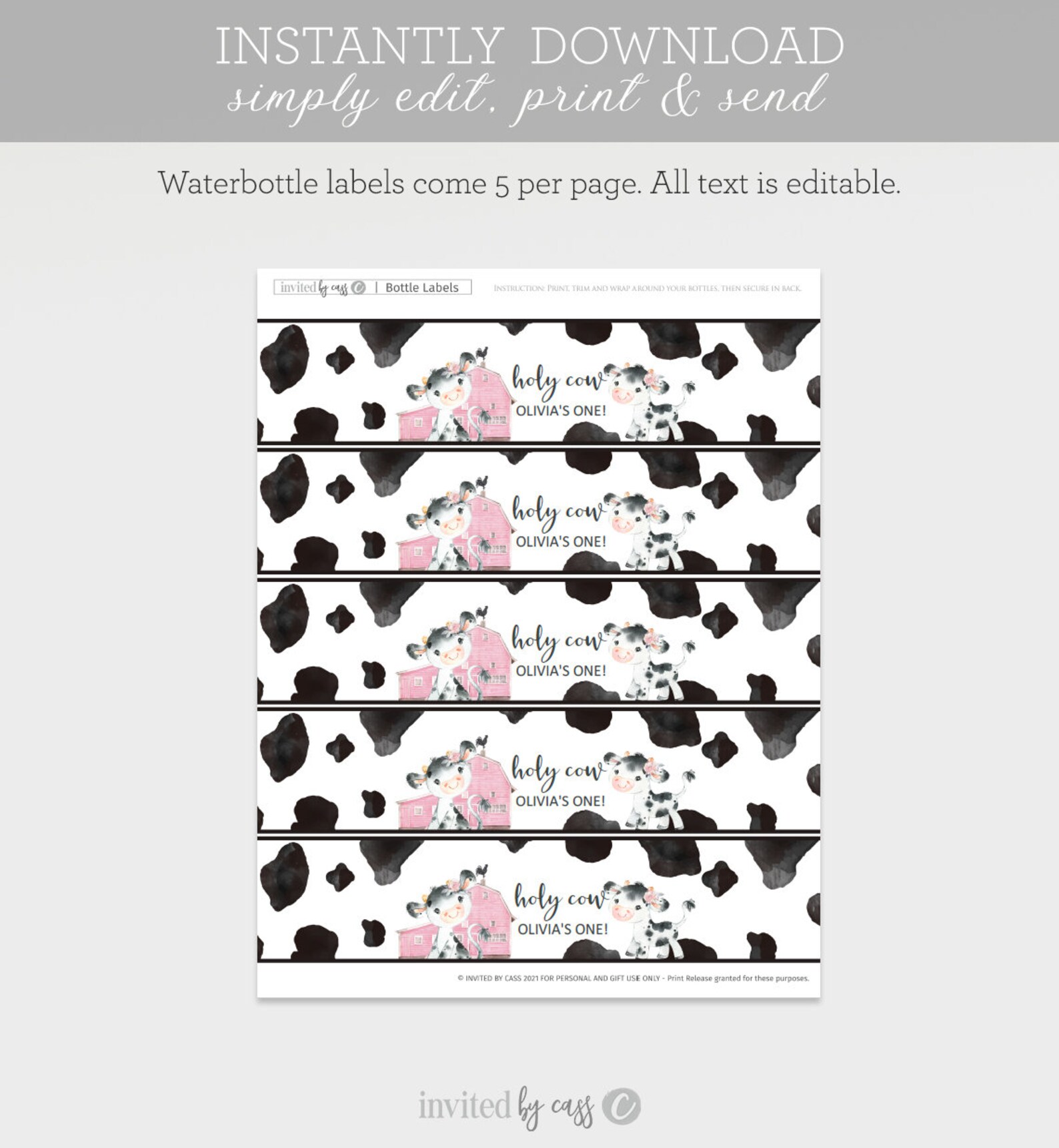Editable Pink Holy Cow Birthday Water Bottle Labels, Cow Bottle Labels ...