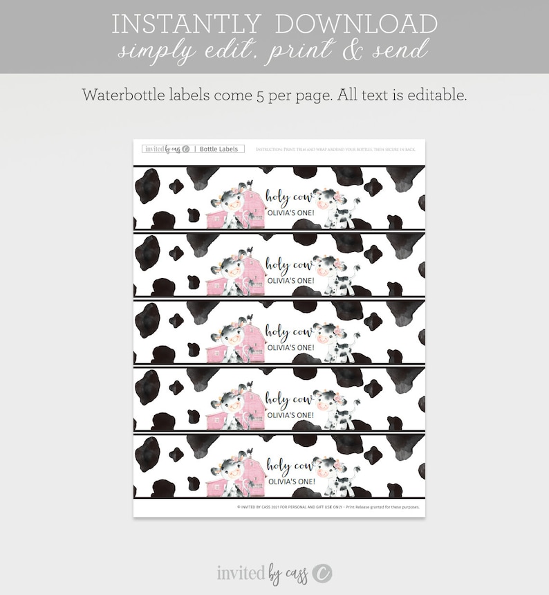 Editable Pink Holy Cow Birthday Water Bottle Labels, Cow Bottle Labels ...