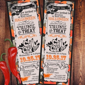Halloween Chili Cook off Trunk or Treat Invitations, Ticket Style Black ...