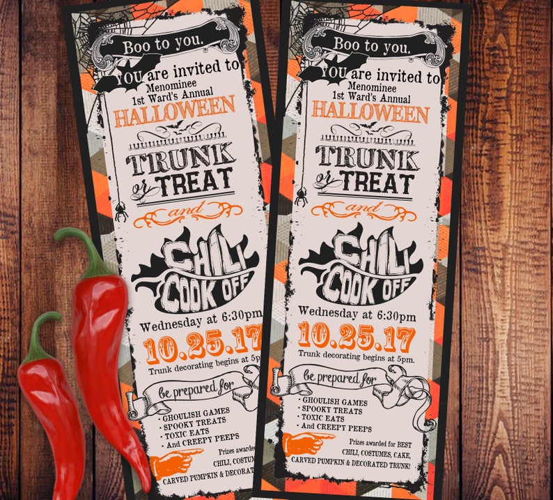 Halloween Chili Cook off Trunk or Treat Invitations, Ticket Style Black ...