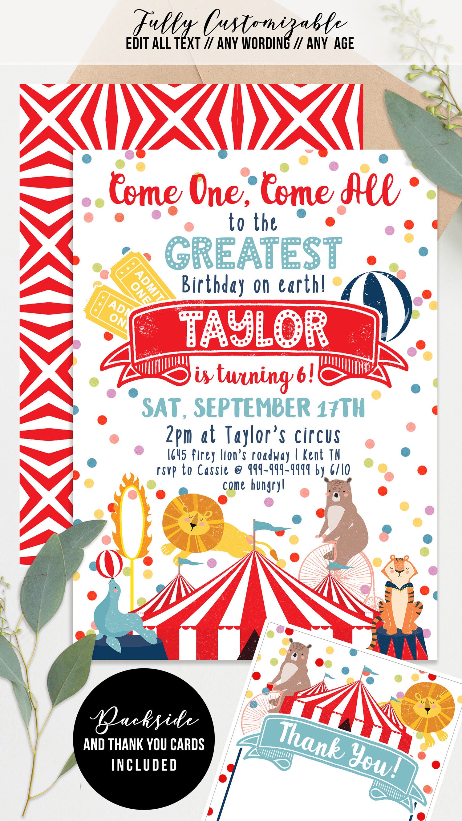 Circus Invitations | Carnival Birthday Invite | Tickets | Red Blue ...