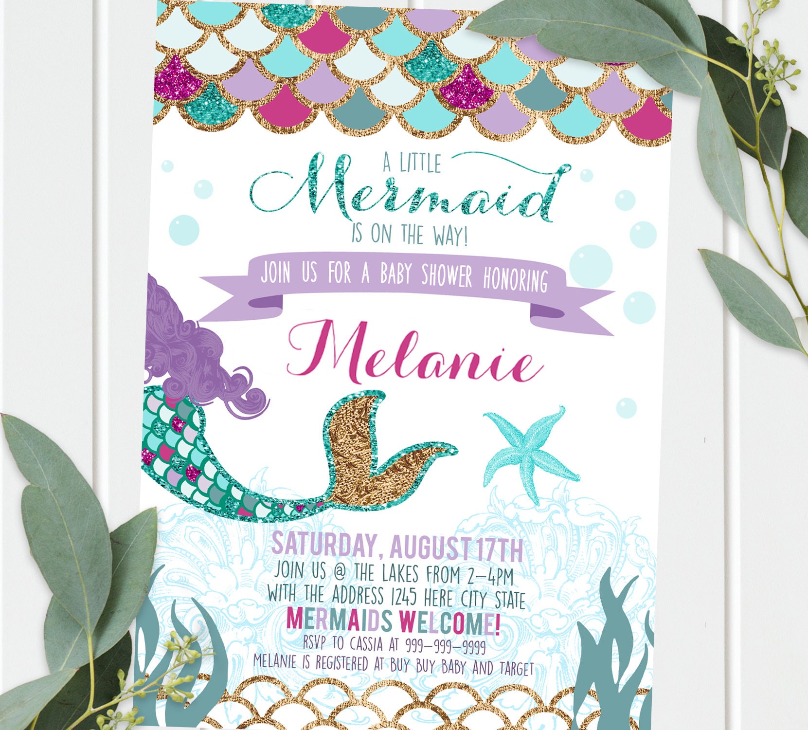 Mermaid Baby Shower Invitation, Mermaid Purple Gold Sparkle, Baby ...