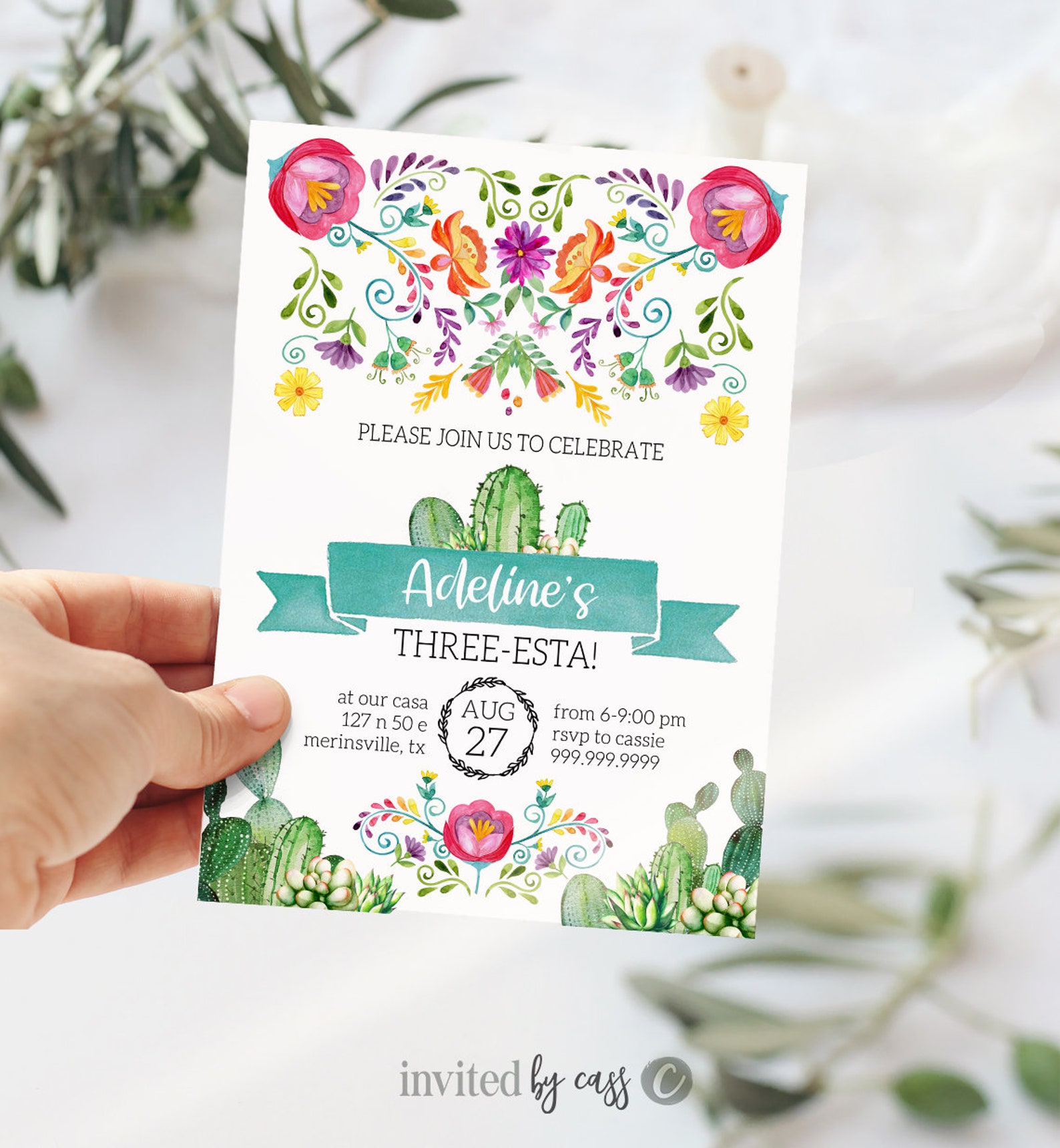 Fiesta Invitation Three-esta Birthday Invite EDITABLE Floral | Etsy