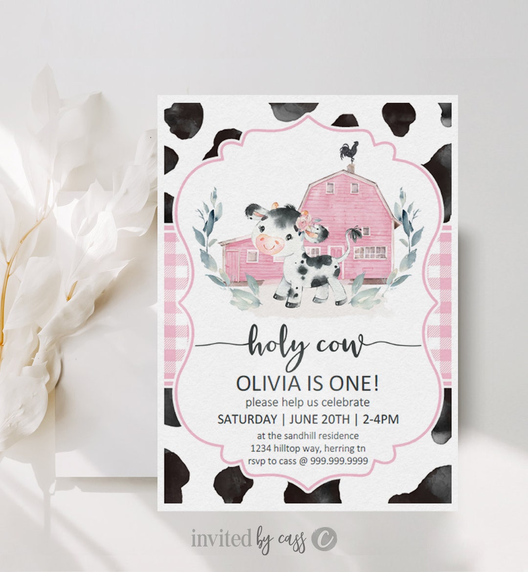 Holy Cow I'm One Girls Birthday Invitation, Pink Gingham Farm Birthday ...