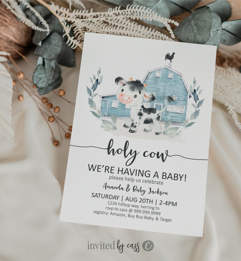 Holy Cow We're Having a Baby, Baby Blue Barn Shower Invitation, Farm ...